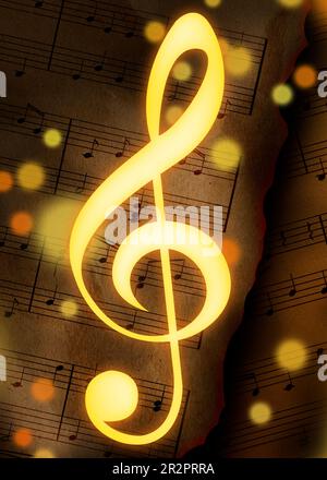 Golden treble clef, music sheets and Christmas decor on gray textured ...
