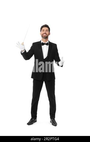 Happy professional conductor with baton on white background Stock Photo ...