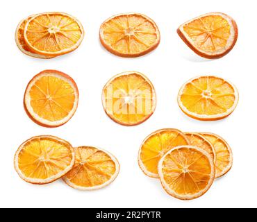 Collage with dry orange slices on white background, banner design Stock ...