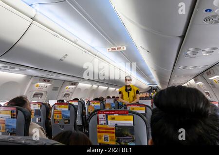 A flight attendant demonstrating life vest to passengers in a Airbus ...