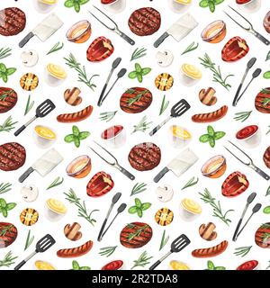 Watercolor seamless pattern barbecue. Elements for cooking bbq - grill ...