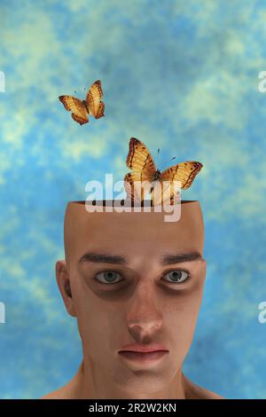 human head with butterflies coming out of it, imagination and ...