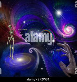 Skeletal Figures in Cosmos. Ending of existence. 3D rendering Stock ...