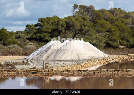 Salinas de S'Avall, salt evaporation pond with salt piles in Colonia de ...
