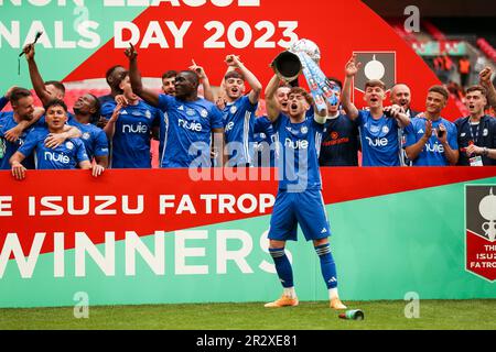 Halifax Town's Jack Senior lifts the trophy following the Isuzu FA ...