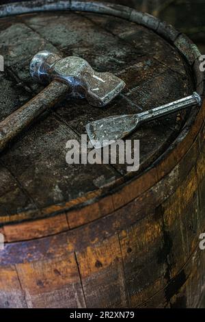 Hammer and chisel the tools of a barrel maker at Speyside Cooperage ...
