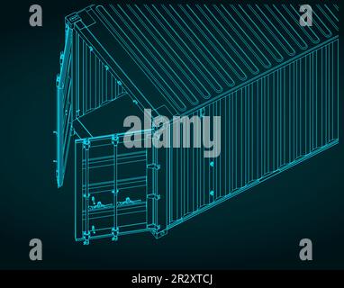 Stylized vector illustration of blueprint of a cargo container Stock ...