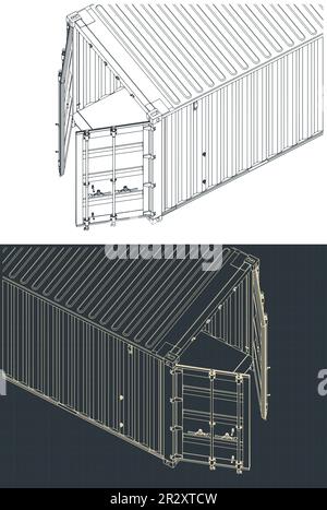 Stylized vector illustration of blueprints of a container house Stock ...