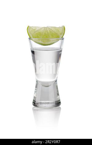 Bottle and shots of vodka on white background Stock Photo - Alamy