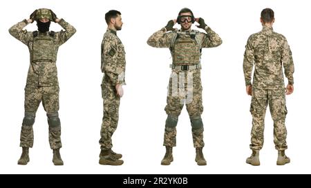 Collage with photos of Ukrainian soldier wearing military uniform on ...