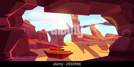 Ancient mountain cave exit lit by bright sunlight. Vector cartoon ...