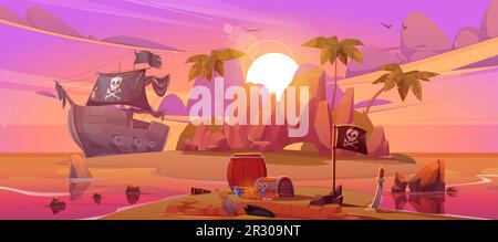 Beach with Pirate ship at sunset scene in cartoon style illustration ...