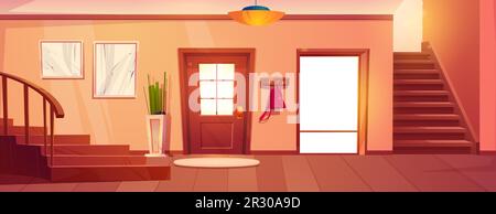 Cartoon interior with staircase. Cozy hallway room, home inside and two ...