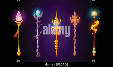 Magic trident weapon cartoon isolated vector icon set. Fantasy demon or ...