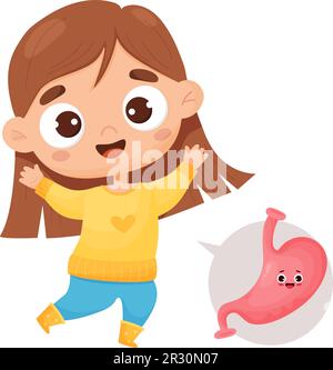 Cute cartoon healthy intestines character with dumbbells. Abdominal ...