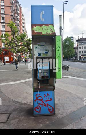 Telephone booth, in Gijón, Asturias, Spain. It is a small structure ...