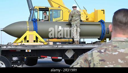 A U.S. Air Force Massive Ordnance Air Blast (MOAB) bomb is prepared for ...