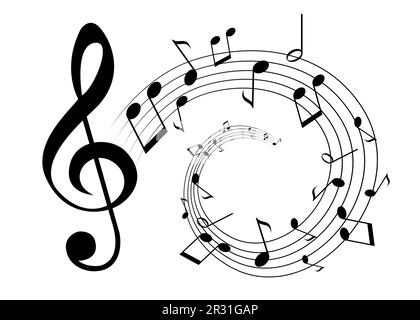 Treble clef and swirly staff with musical notes on white background ...