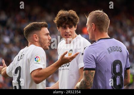 Toni Lato of Valencia CF, Toni Kroos of Real Madrid CF seen in action ...