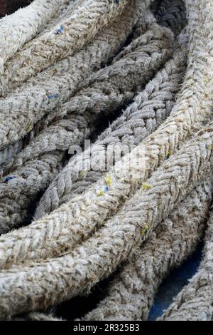 Mooring ropes, Nissos Kalymnos ship, Southern Aegean Sea, Dodecanese ...