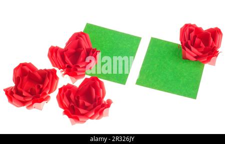 Origami flower red roses and green paper isolated on white Stock Photo ...