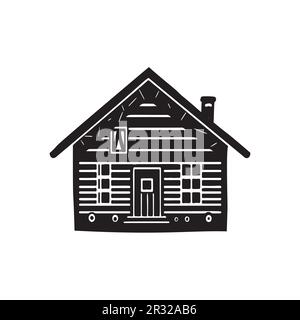 Wooden log cabin in scandi linocut style vector illustration. Alpine ...