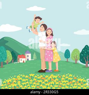 Parents hugging son. Mom and dad embracing their child and talking to ...