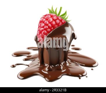 Raspberry with melted chocolate isolated on fondue fork against white ...
