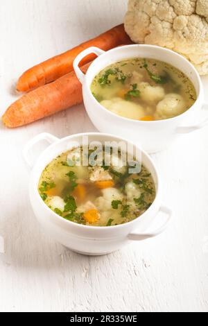 Vegetable soup with potato, carrot, and cauliflower. Homemade food ...