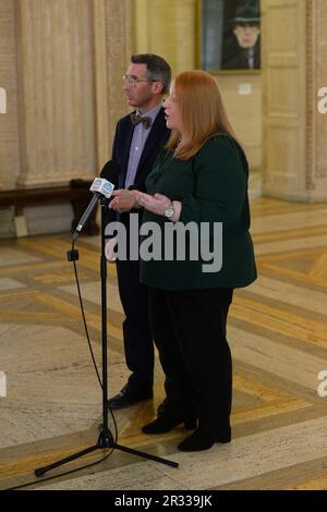 Alliance party MLA Andrew Muir talking to the media at Stormont Castle ...