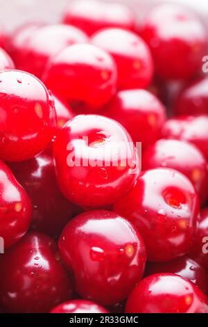 Sweet cherries. Juicy maroon fruit close-up. Cherries in magnification ...