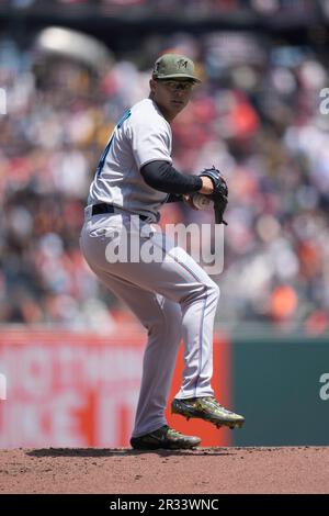 Miami Marlins pitcher Jesus Luzardo, middle, walks to the dugout after ...