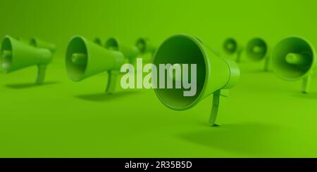 Multiple megaphones in grid on white background. 3D illustration Stock ...