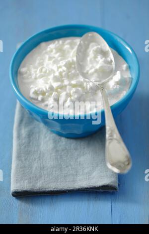 Bowls with cottage cheese on color background Stock Photo - Alamy