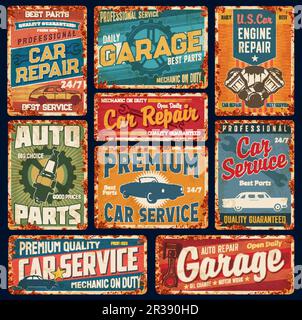 Retro car metal signs, garage, fuel, auto service posters. Gasoline ...