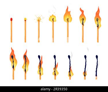 Burning match animation. Matchstick burnout stages, sequence steps of ...
