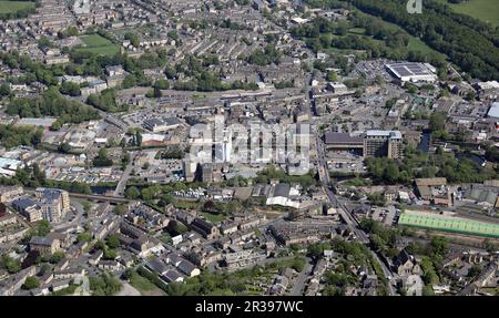 aerial view of Brighouse town centre from the East with Lidl store in ...