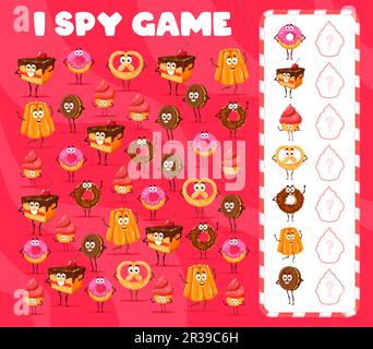 I spy game worksheet. Cartoon bakery and cookies characters. Child ...