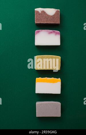 Different handmade soap bars, flat lay, top view. Eco soap and ...