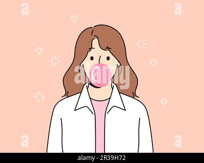 Smiling girl blow bubble from gum. Happy child with pink bubblegum. Fun and childhood. Vector ...