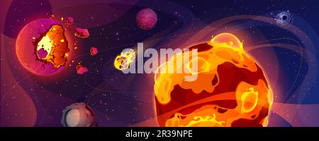 Meteorites flying in starry night sky. Meteor stone with fire. Asteroid ...