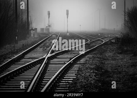 Railroad Track Switches at railway junction - monochrome image Stock ...