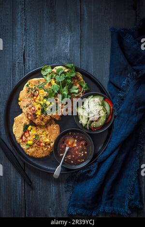Overhead shot of corn cake on black plate, peanuts, and pamonha. Vivid ...