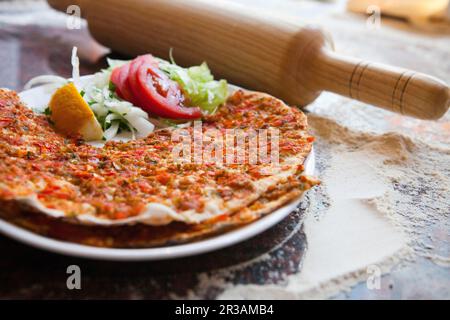 A close up shot of a lahmacun Stock Photo - Alamy