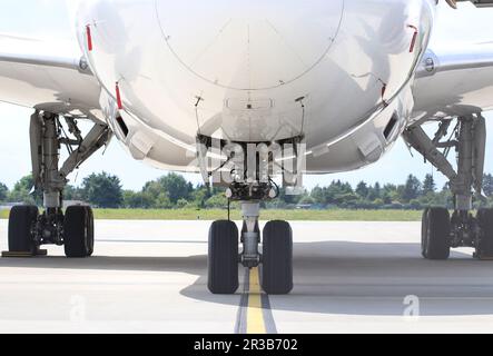 Front view of the nose wheel of a Boeing KC-46A Pegasus transport ...