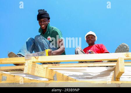 Diverse Community members building a low cost house in Soweto Stock ...