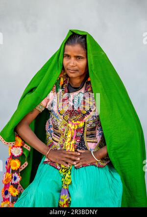 Portrait of a woman of the Rabari ethnic group in traditional dress ...