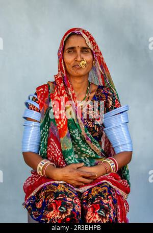 Portrait of a woman of the Rabari ethnic group in traditional dress ...