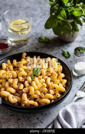 Russian 'Makarony po-flotski' (navy-style pasta) made of cooked pasta ...