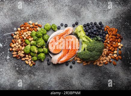 Assorted food for brain health and good memory: fresh salmon ...